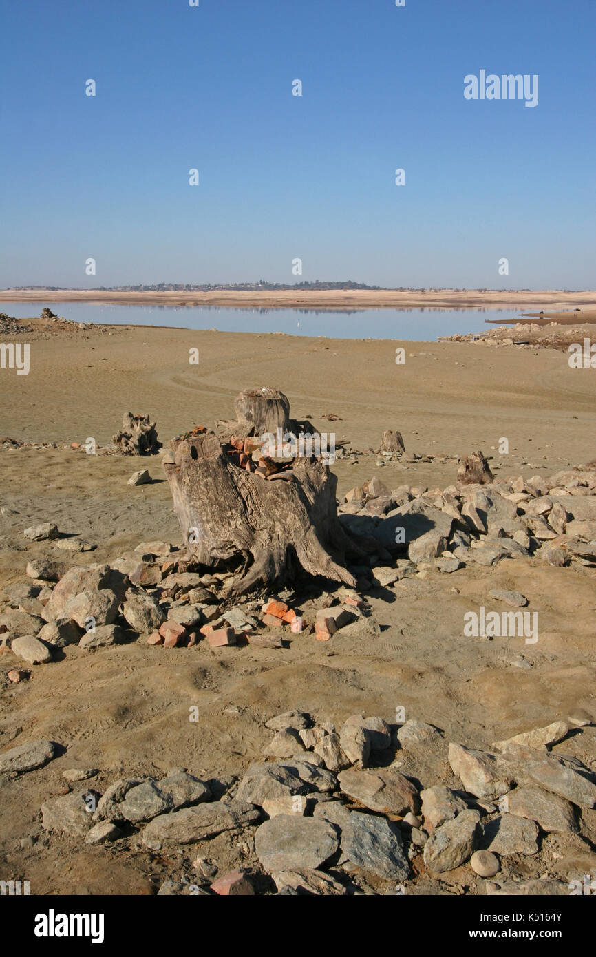 ARTIFACTS RESTING ON STUMP FOUND ON THE DRY BOTTOM OF FOLSOM LAKE ...