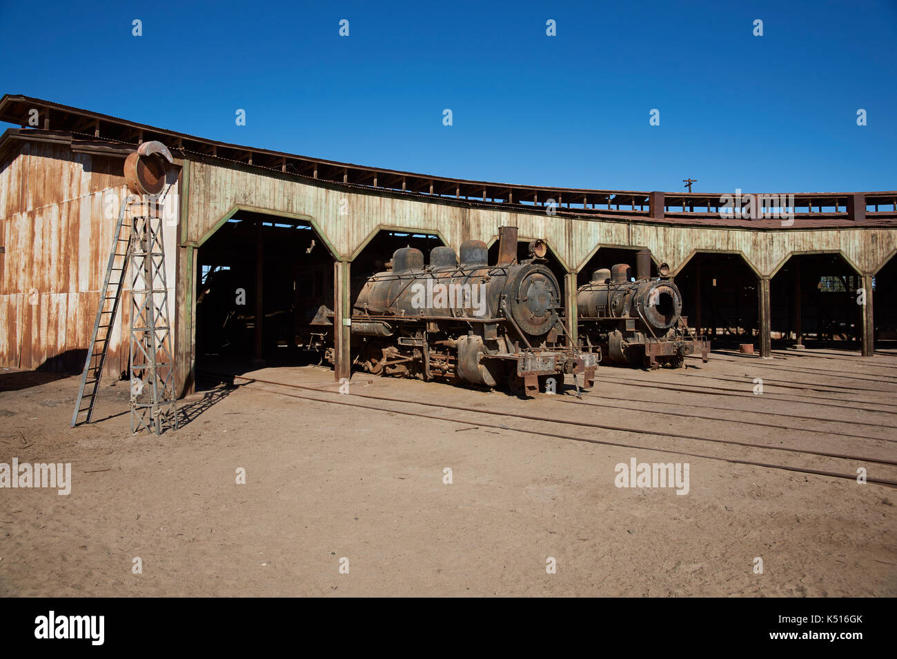 Old steam locomotives at the historic engine shed at Baquedano Railway ...
