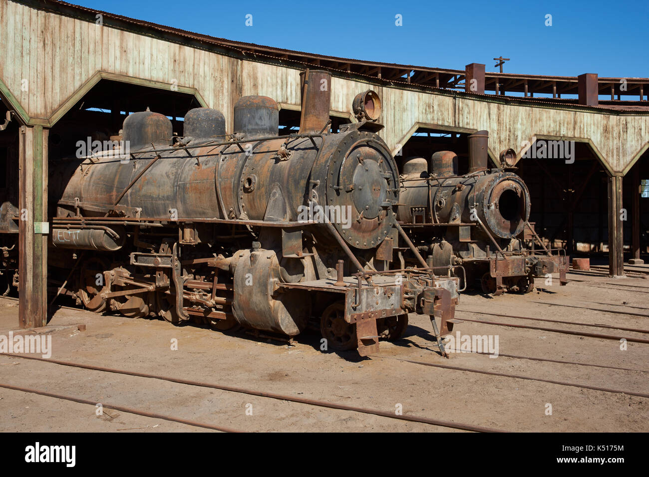 Old steam locomotives at the historic engine shed at Baquedano Railway ...
