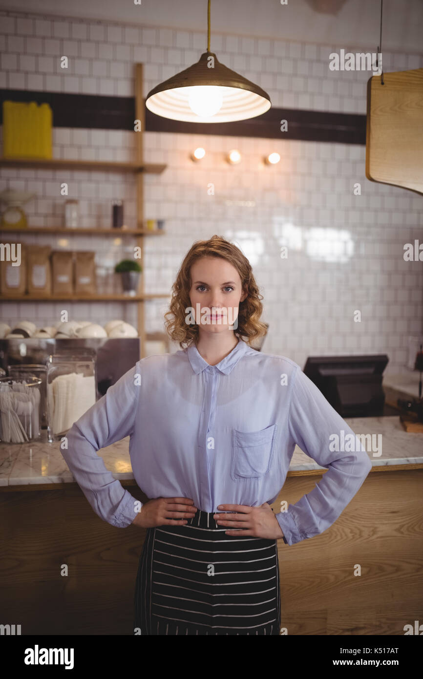Portrait of confident young pretty waitress standing with hands on hip ...