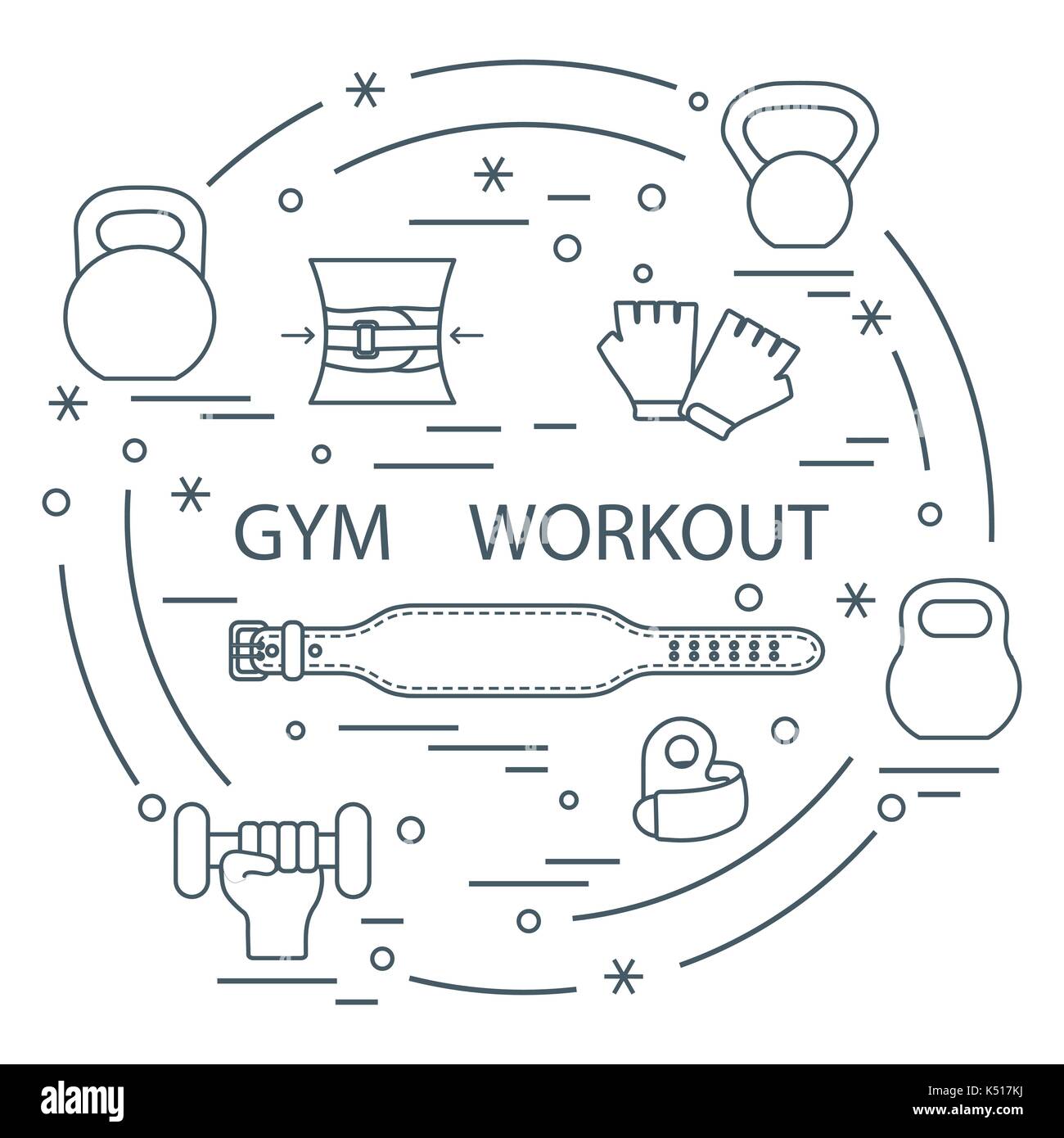 Powerlifting gym workout elements arranged in a circle. Bodybuilding ...