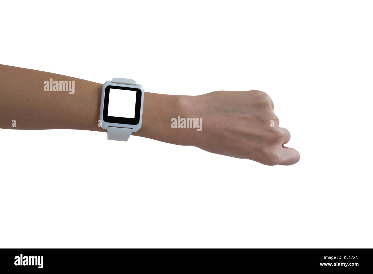 Womans hand showing smartwatch against white background Stock Photo - Alamy