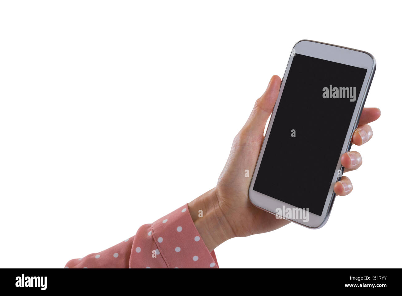 Womans hand showing mobile phone against white background Stock Photo ...