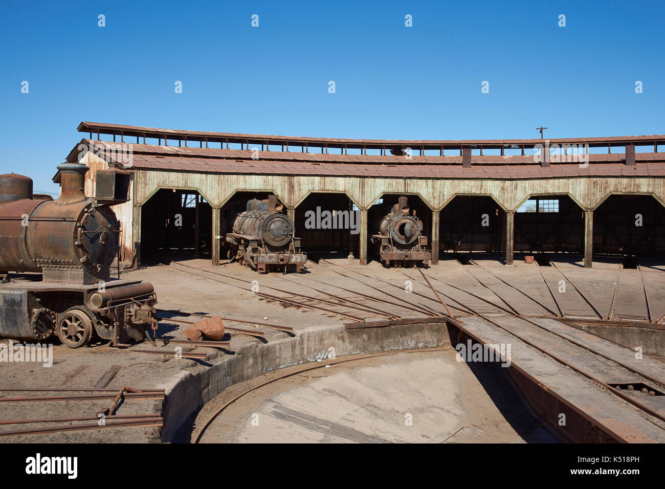Old steam locomotives at the historic engine shed at Baquedano Railway ...