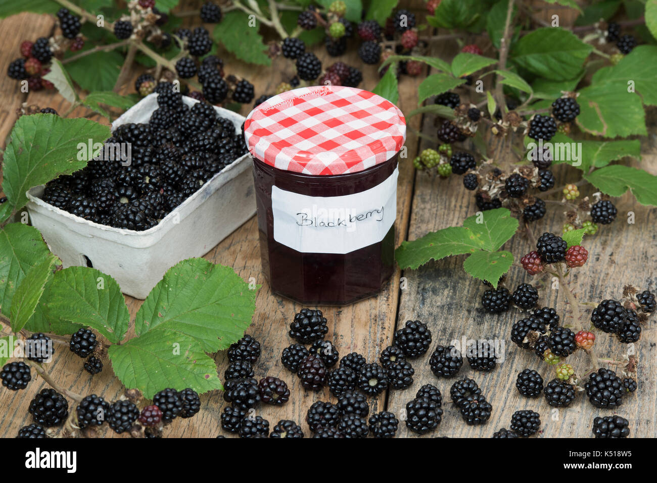 Rubus fruticosus. Homemade Blackberry jam with a punnet of foraged ...
