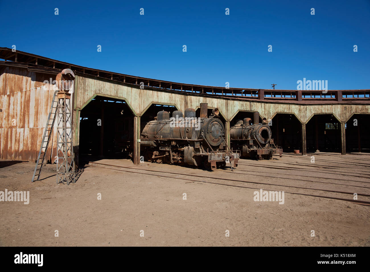 Old steam locomotives at the historic engine shed at Baquedano Railway ...