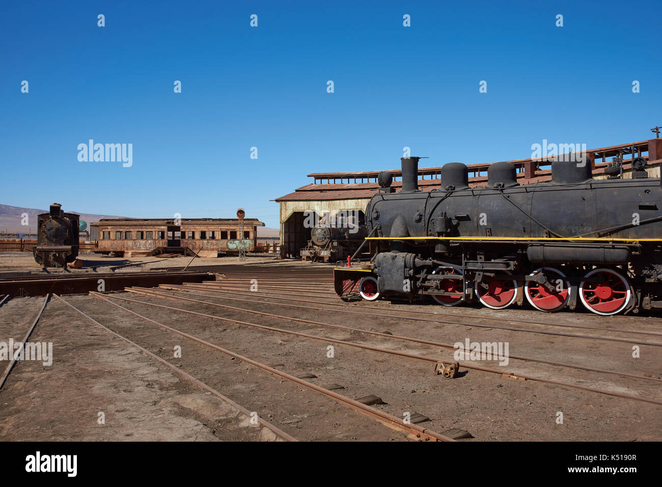 Old steam locomotives at the historic engine shed at Baquedano Railway ...