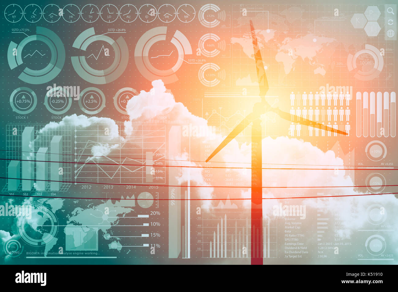 future of power and technology, wind turbine with business information ...