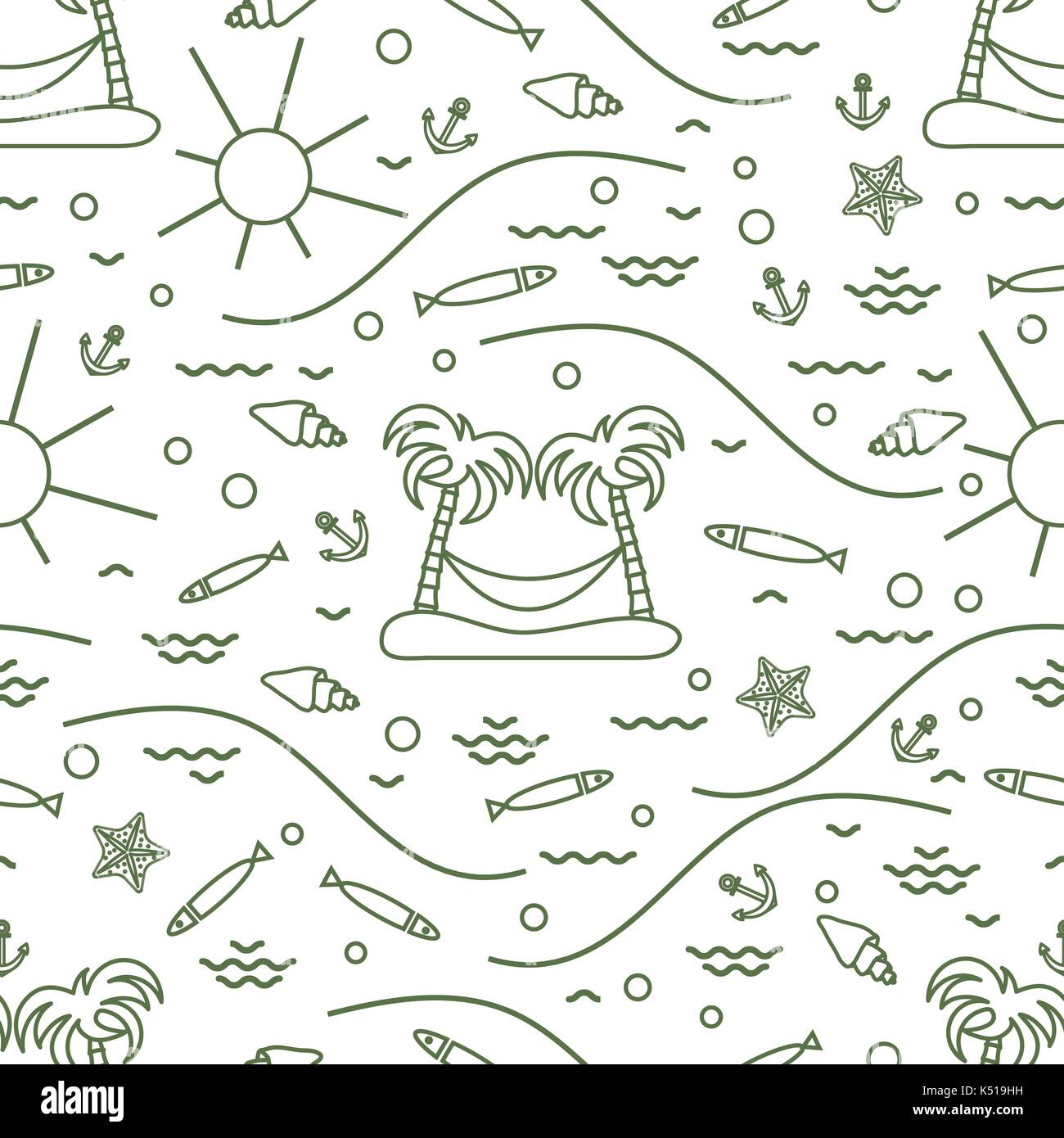 Cute seamless pattern with fish, island with palm trees and a hammock ...