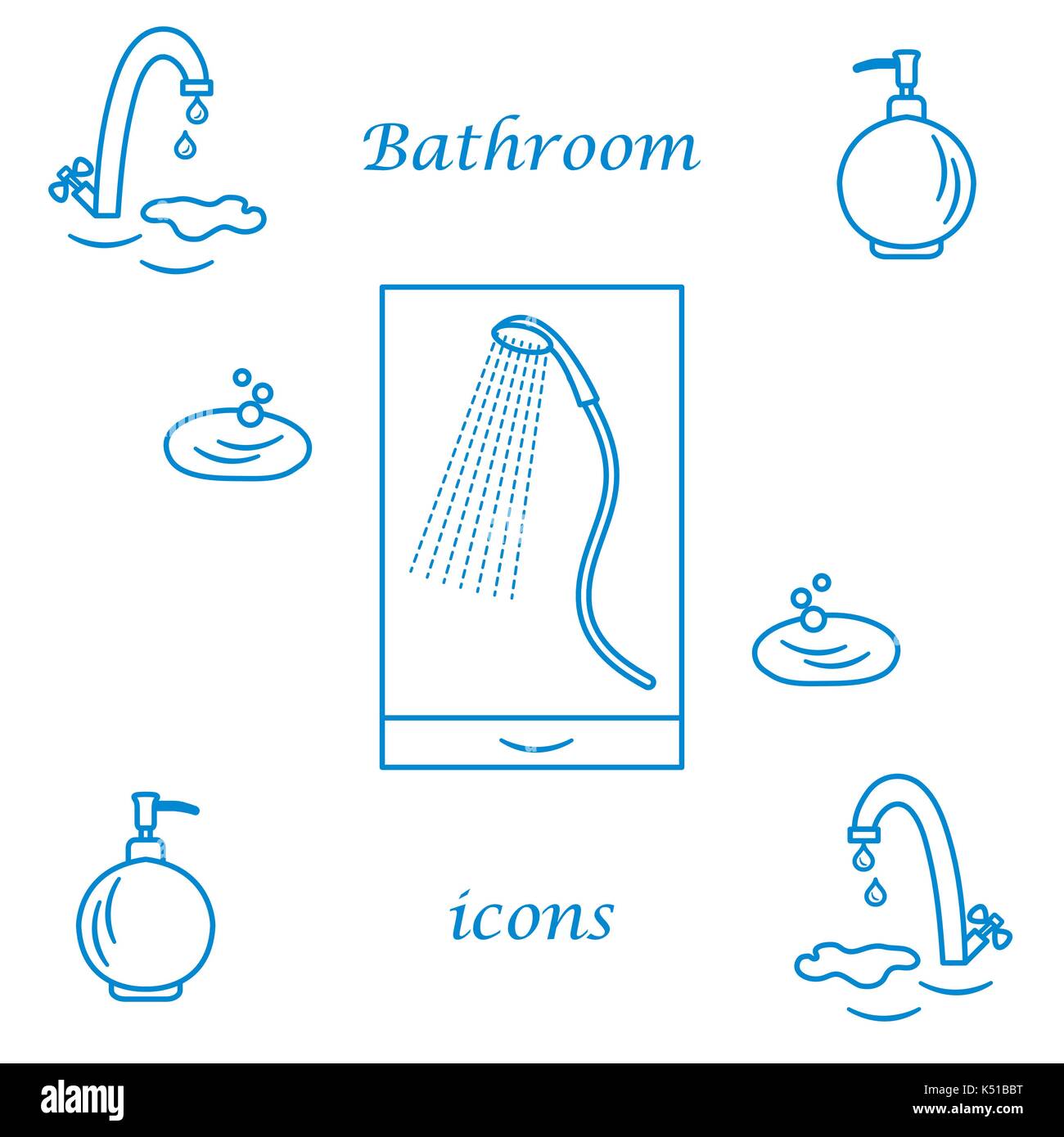 Set of vector illustrations of variety bathroom elements: faucet ...