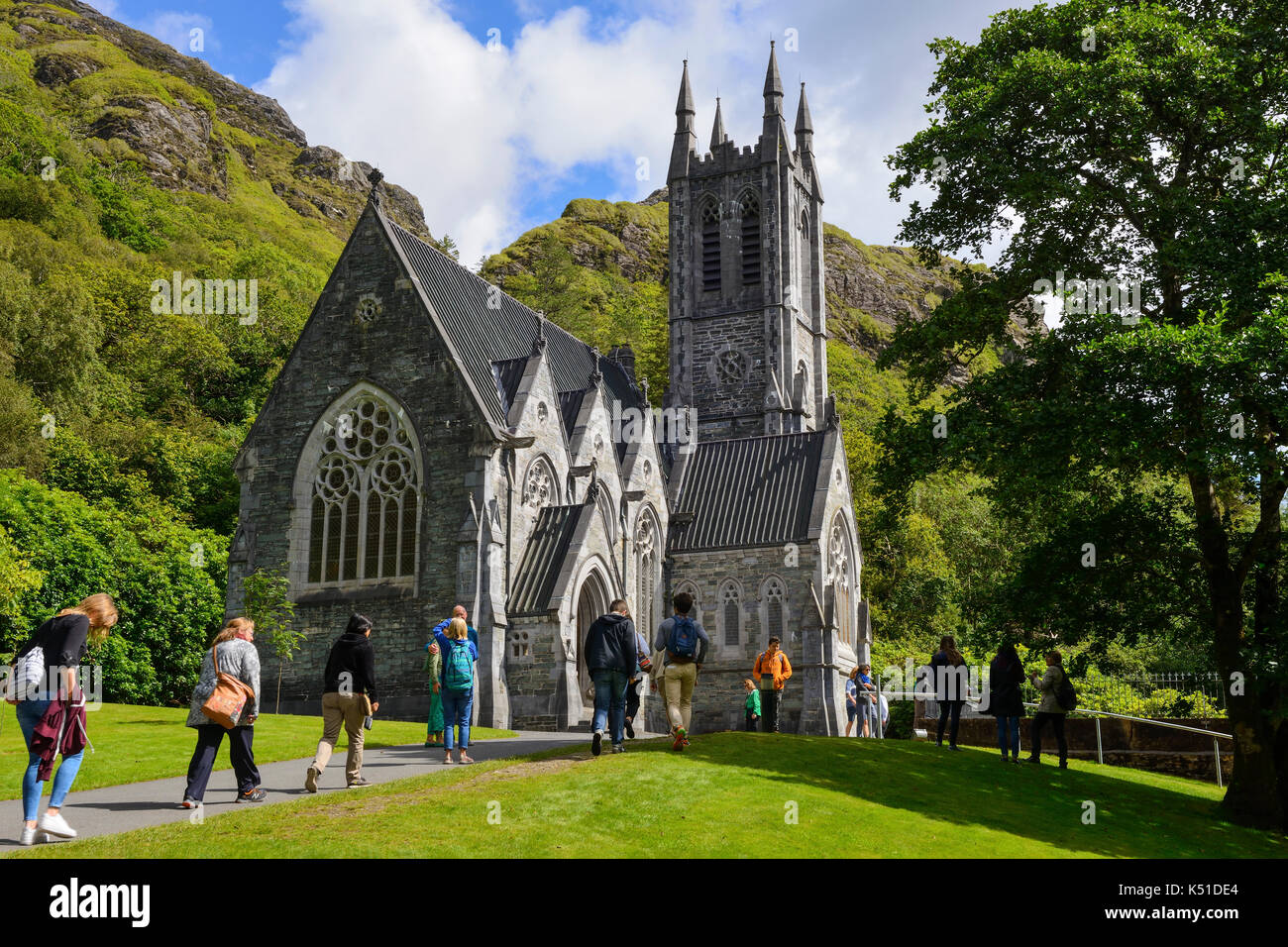 Neo-gothic style church at Kylemore Abbey on the banks of Pollacappul ...