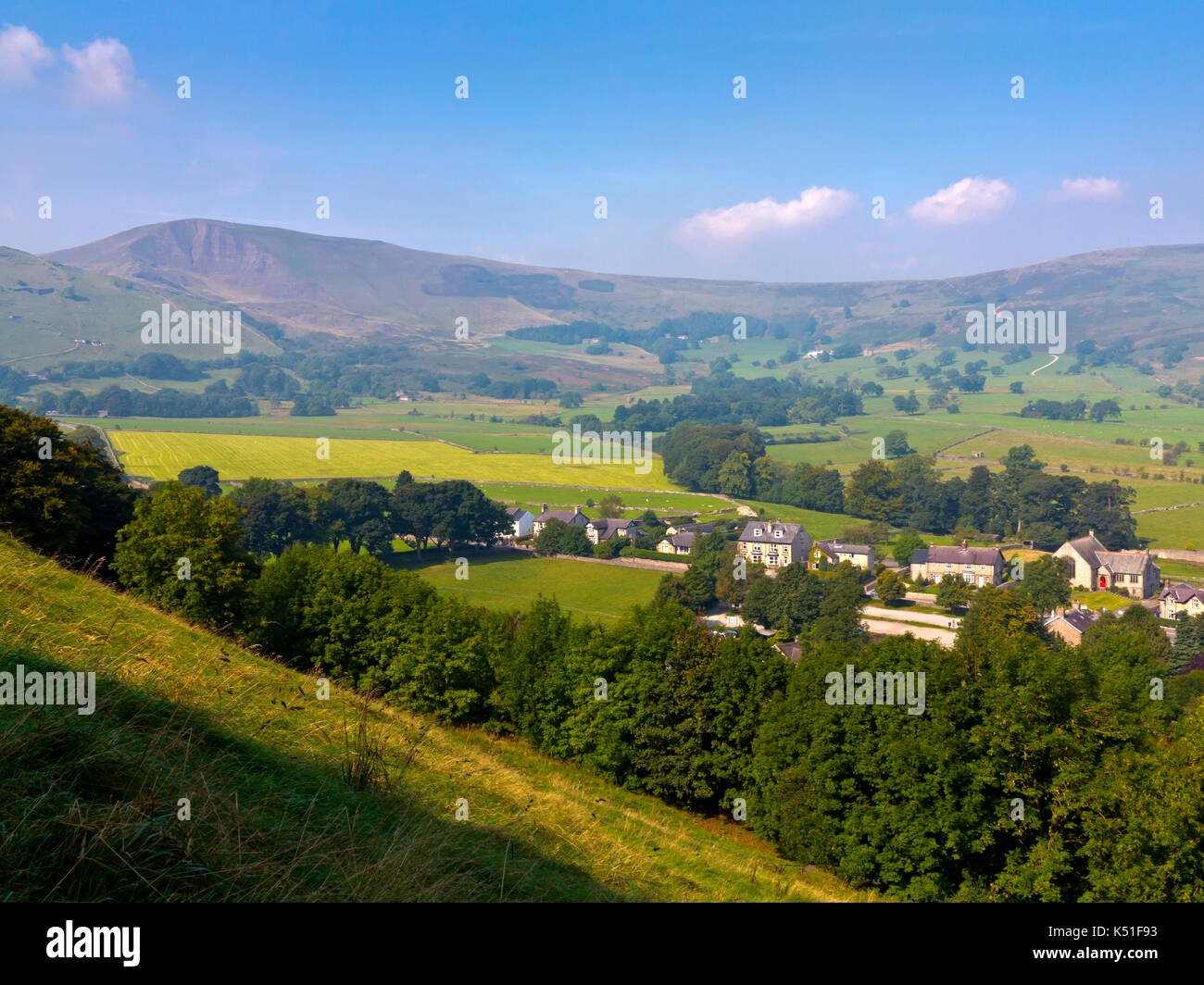 View looking towards Mam Tor from Castleton in the Derbyshire Peak ...