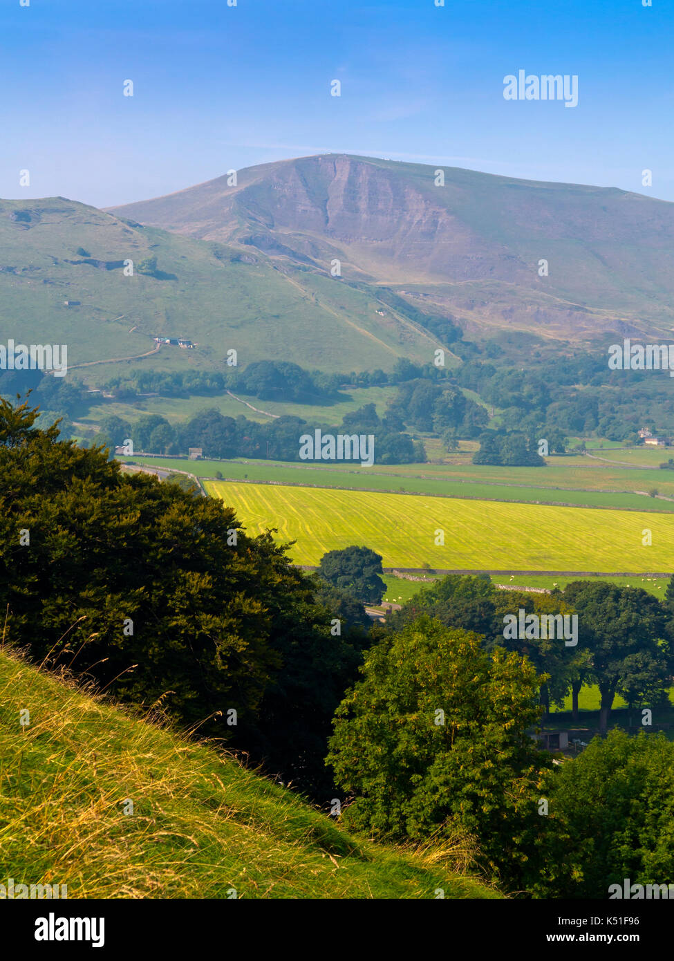 View looking towards Mam Tor from Castleton in the Derbyshire Peak ...