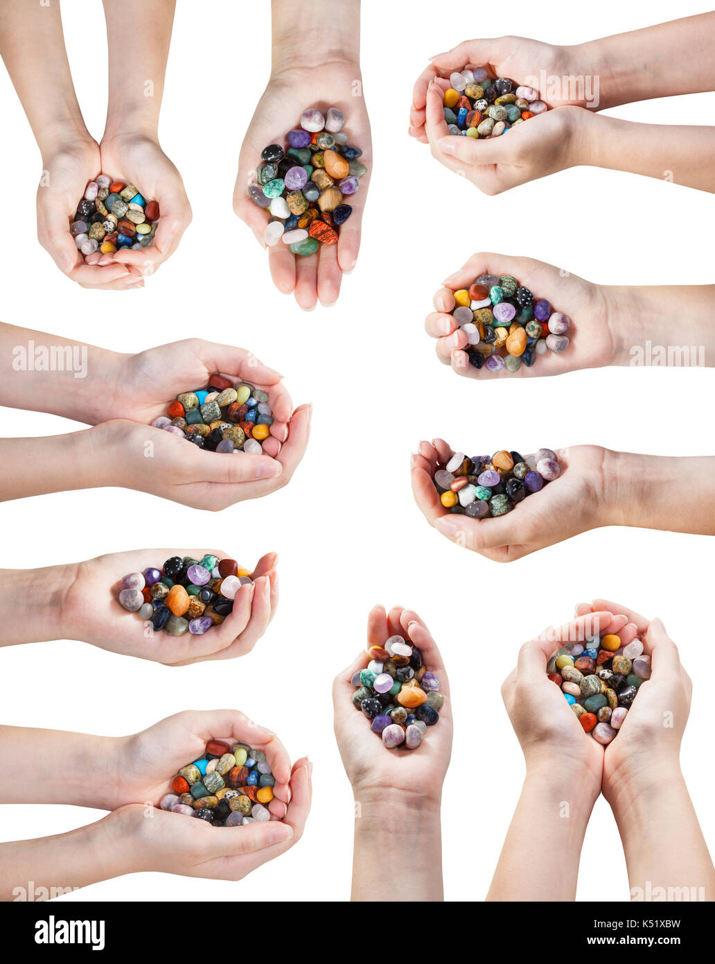 set of hands with handful of various natural gemstones isolated on ...