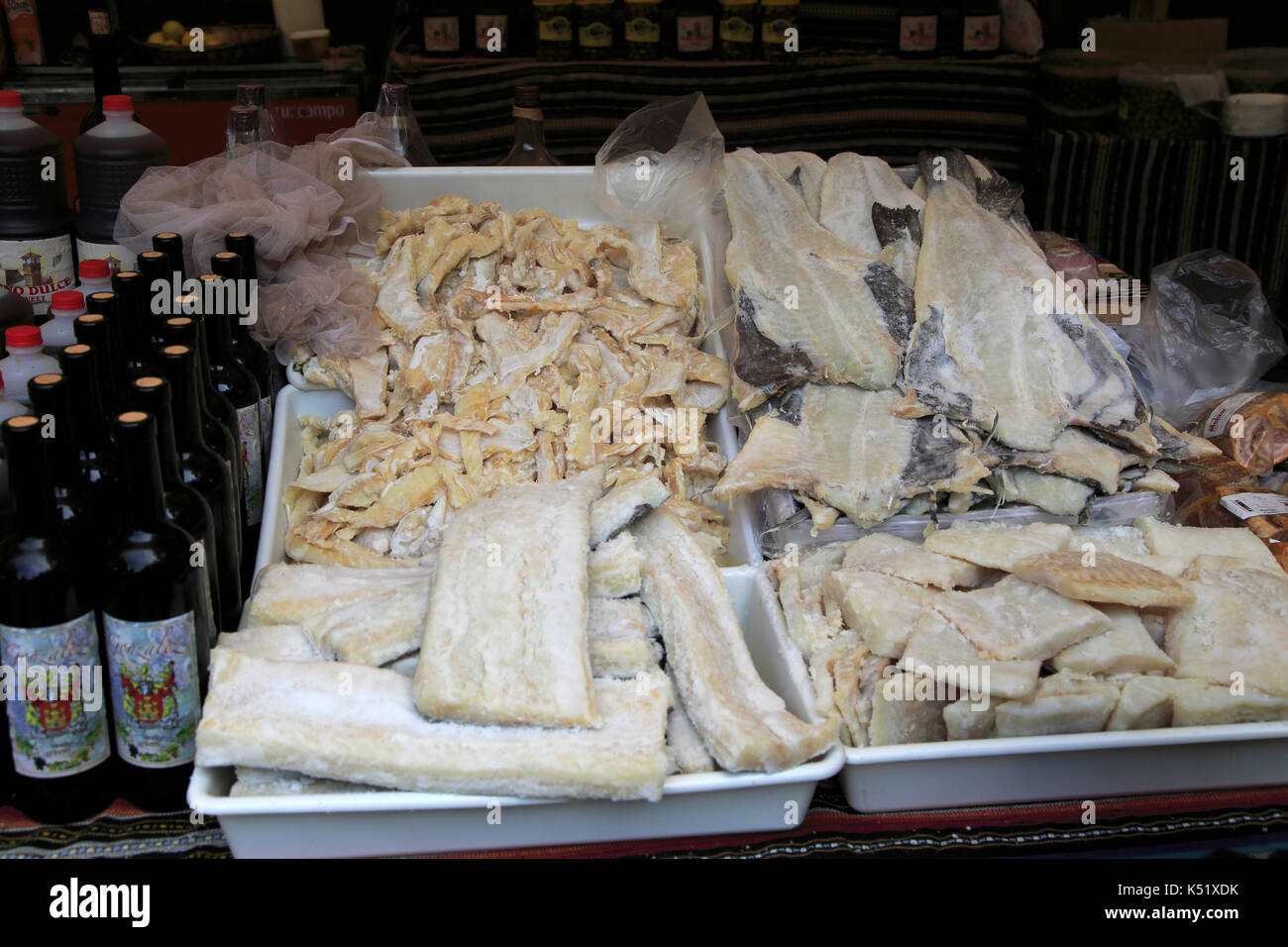 Display of fish dried salted cod products on market stall, Algeciras ...