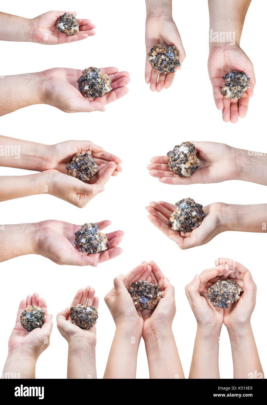 set of various hands with natural zinc and lead mineral ore (sphalerite ...