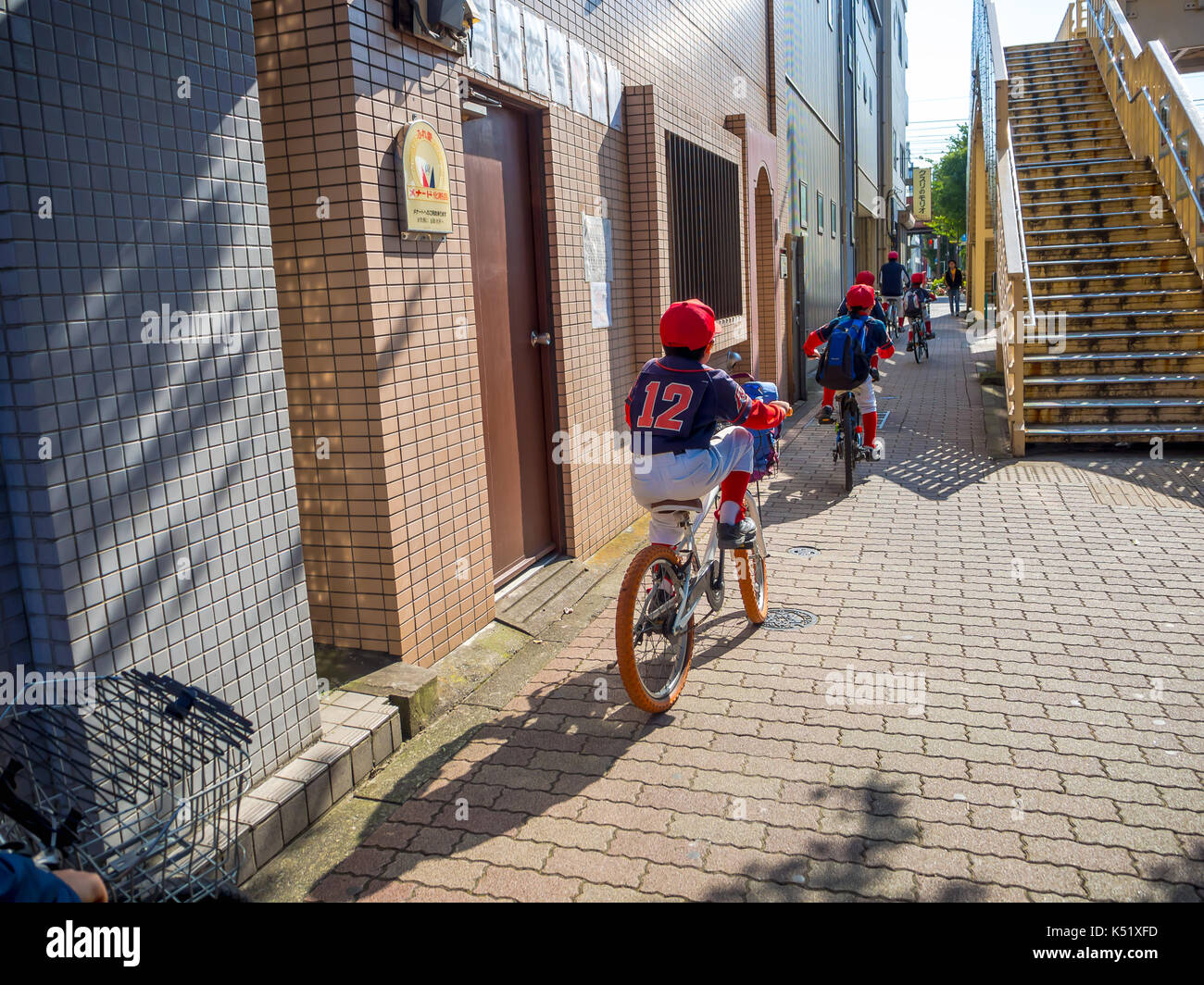 Kawagoe, Japan - May 14, 2017: Group children biking to school, in ...