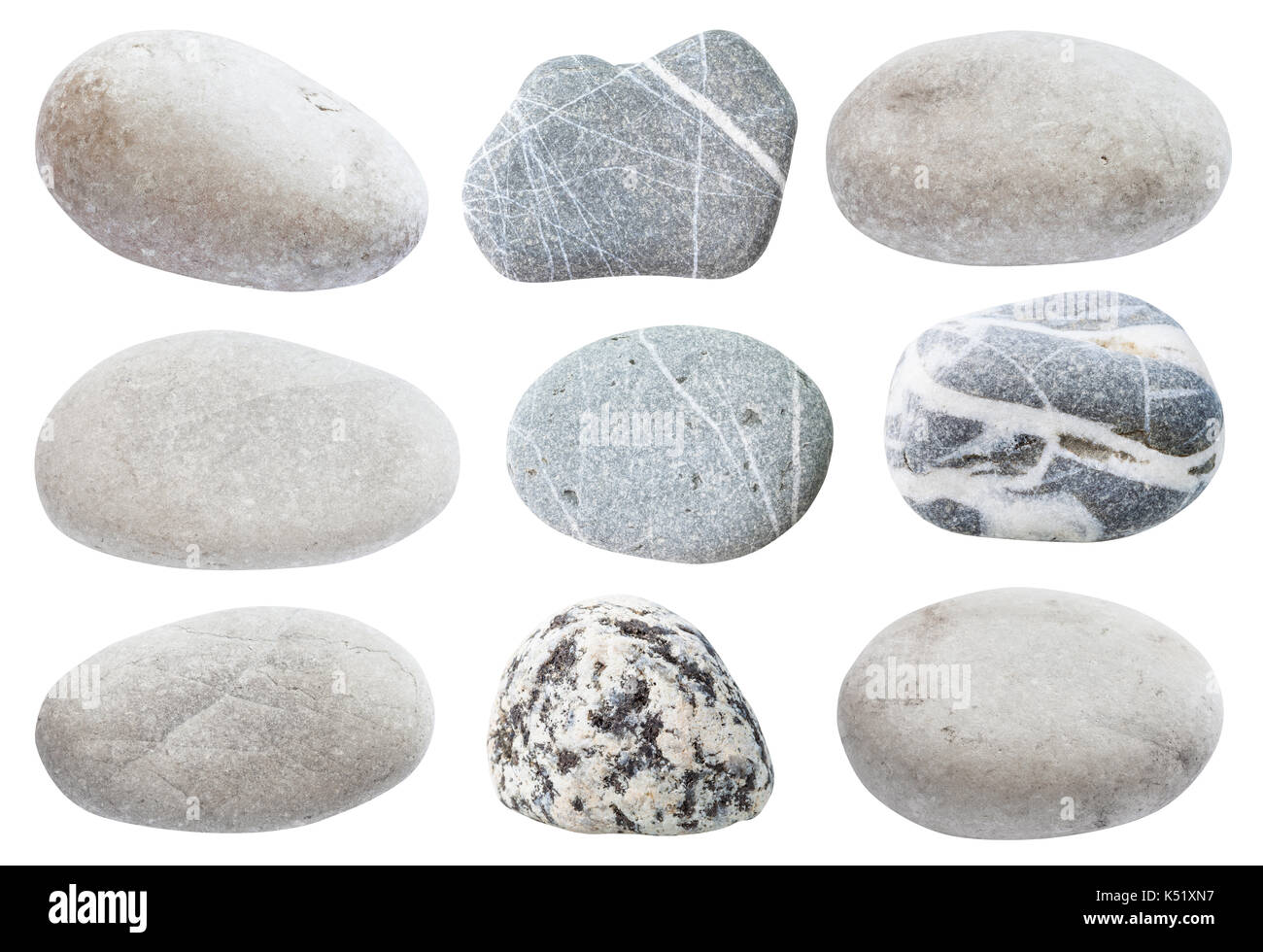 set of various gray natural pebble stones from sea beach isolated on ...