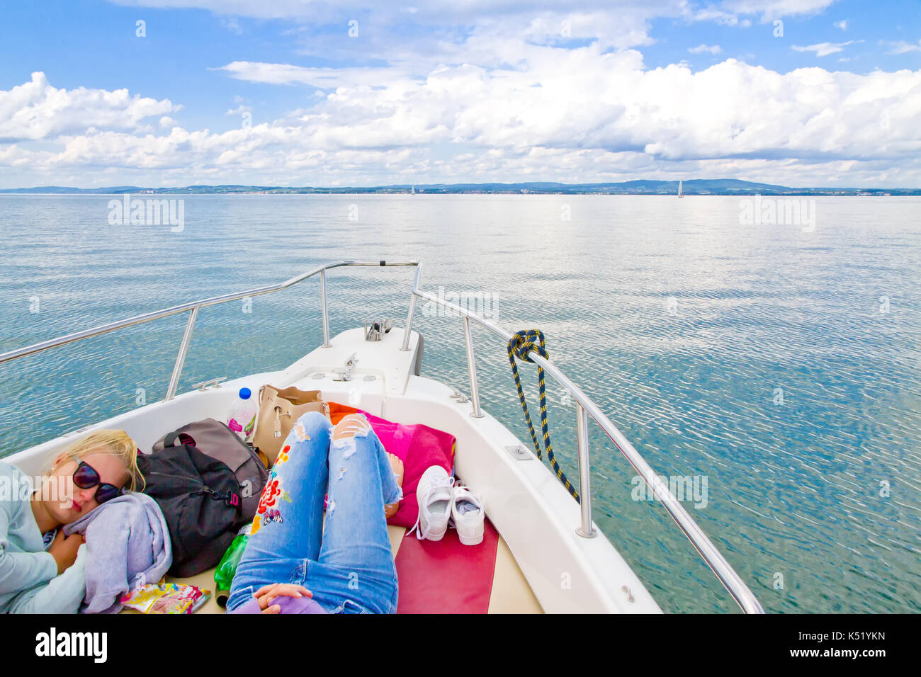 Driving with a motor boat on lake constance (Bodensee Stock Photo - Alamy