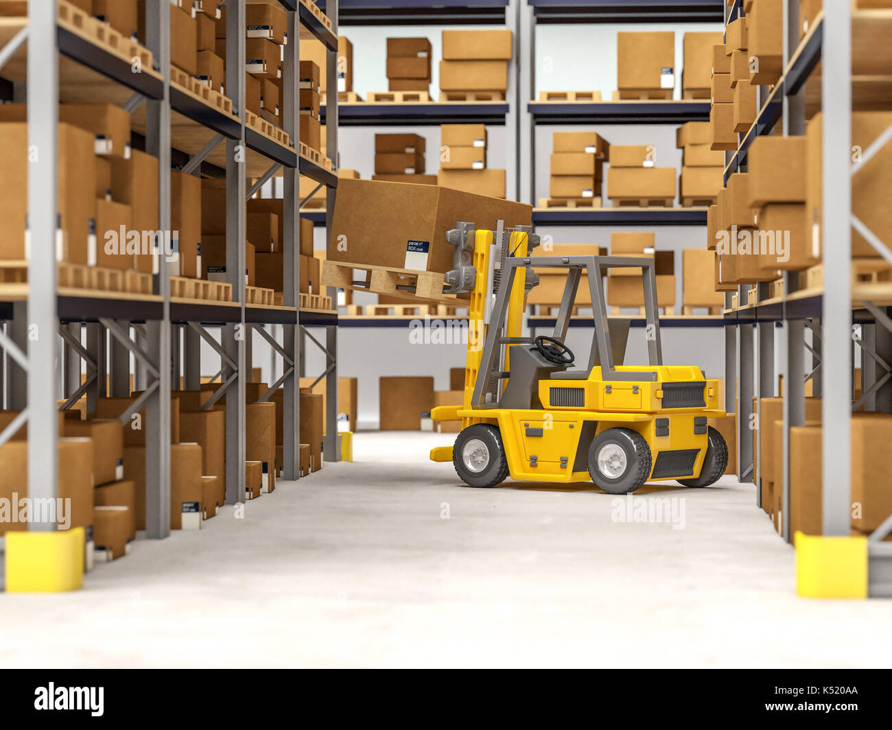 warehouse and yellow forklift in action 3d rendering image Stock Photo ...