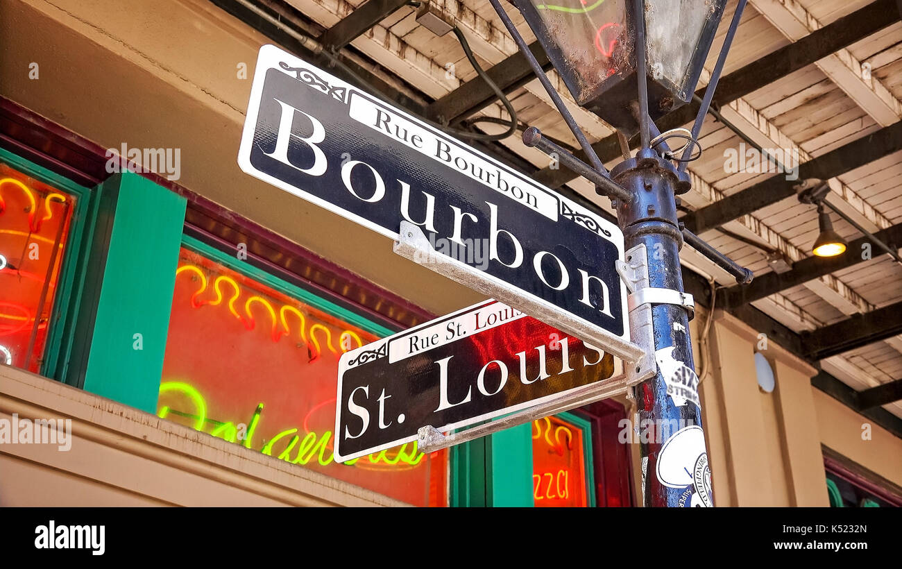 Famous Bourbon Street road sign in the French Quarter of New Orleans ...