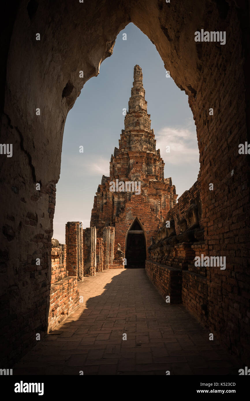 Ayutthaya old fortress in frame, temple wall with blue sky and cloud in ...