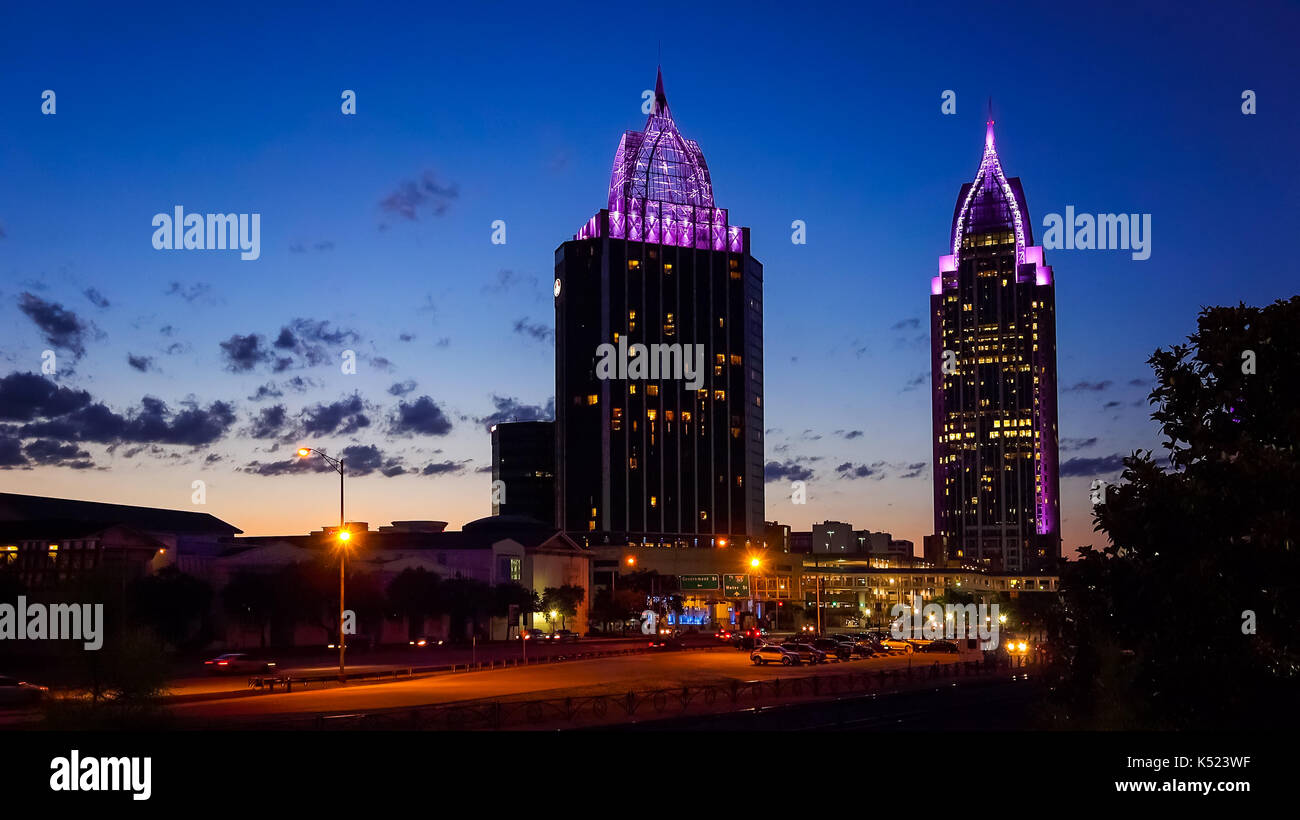 Downtown Mobile, Alabama skyline as night falls Stock Photo - Alamy