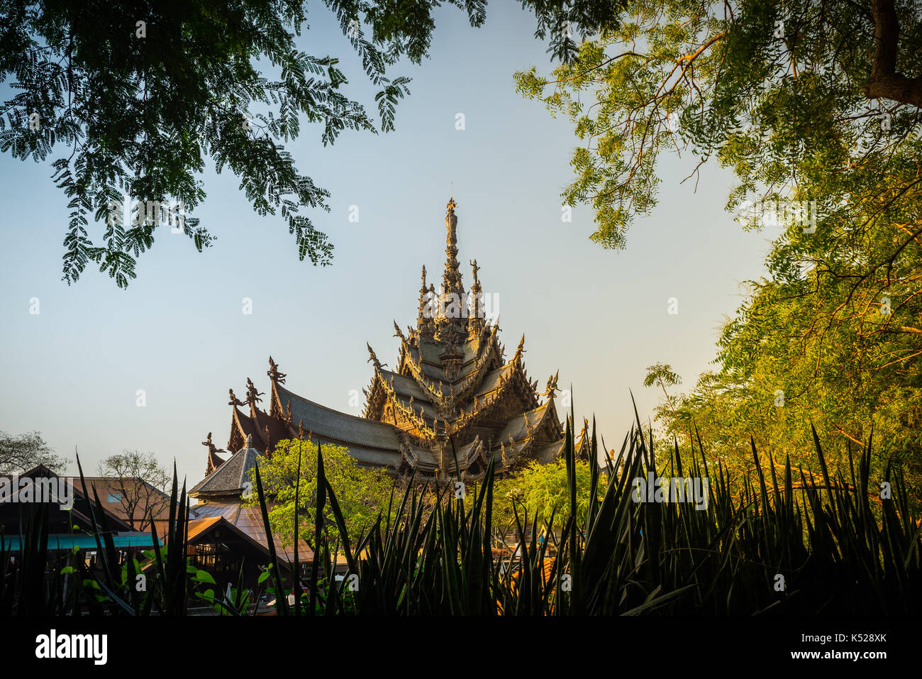 Ancient architecture made from wood in background and cover with green ...
