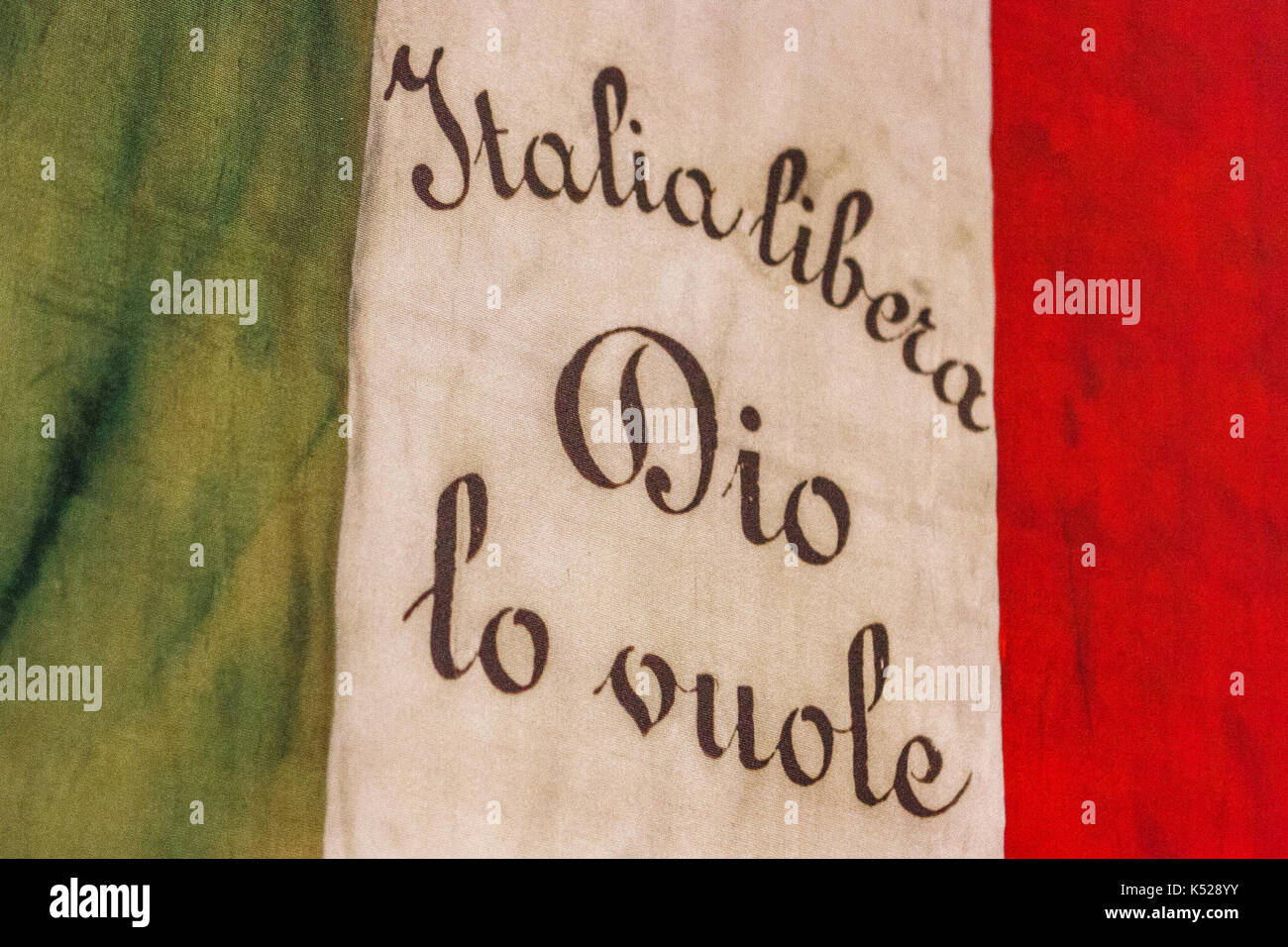 Old Italian flag saying "Free Italy, God wants it" in the museum of the ...