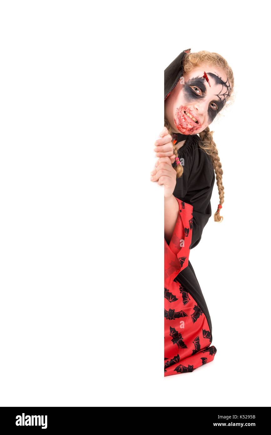 Girl with face-paint and vampire Halloween costume isolated in white ...