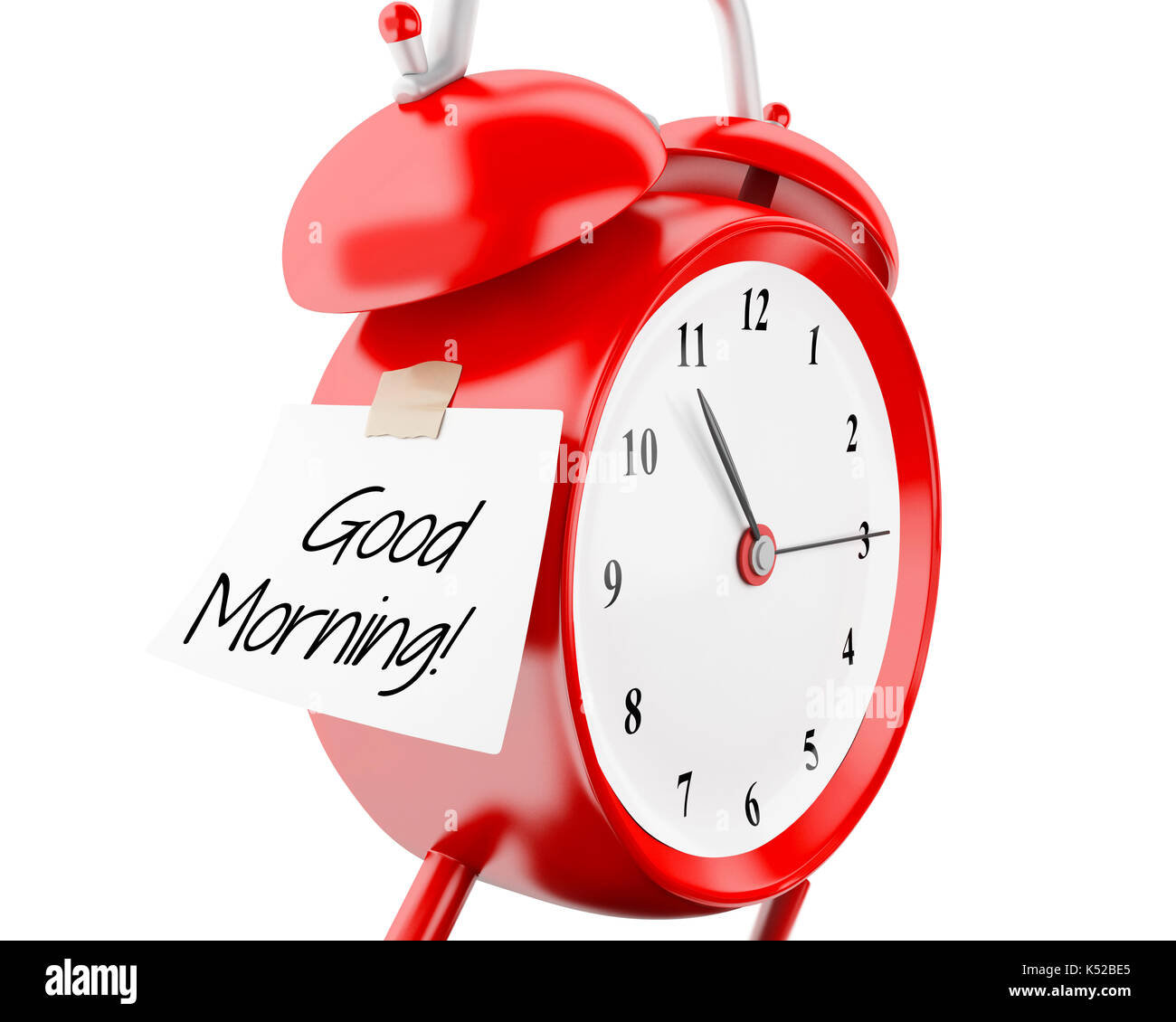 3d illustration. Alarm clock with sticky paper written "good morning ...