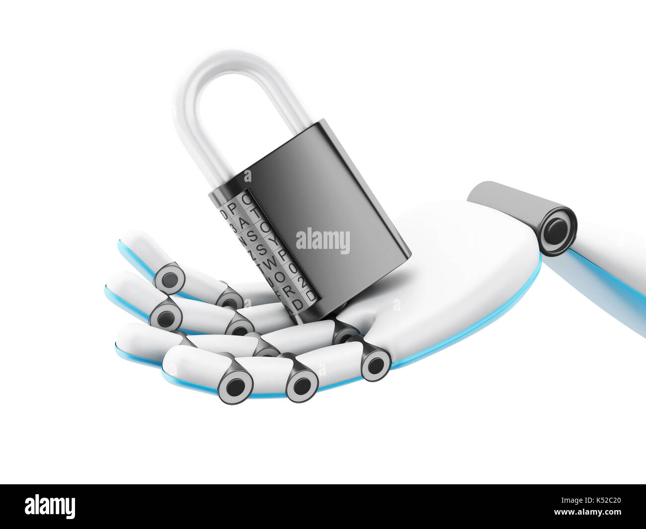 3d illustration. Robotic hand holding combination padlock. Security ...
