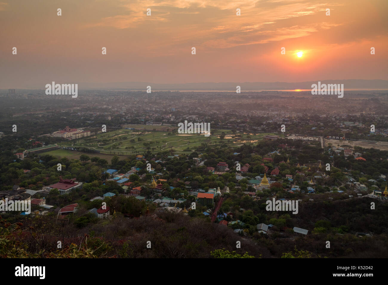 Beautiful sunset in Mandalay, Myanmar (Burma), viewed from above from ...