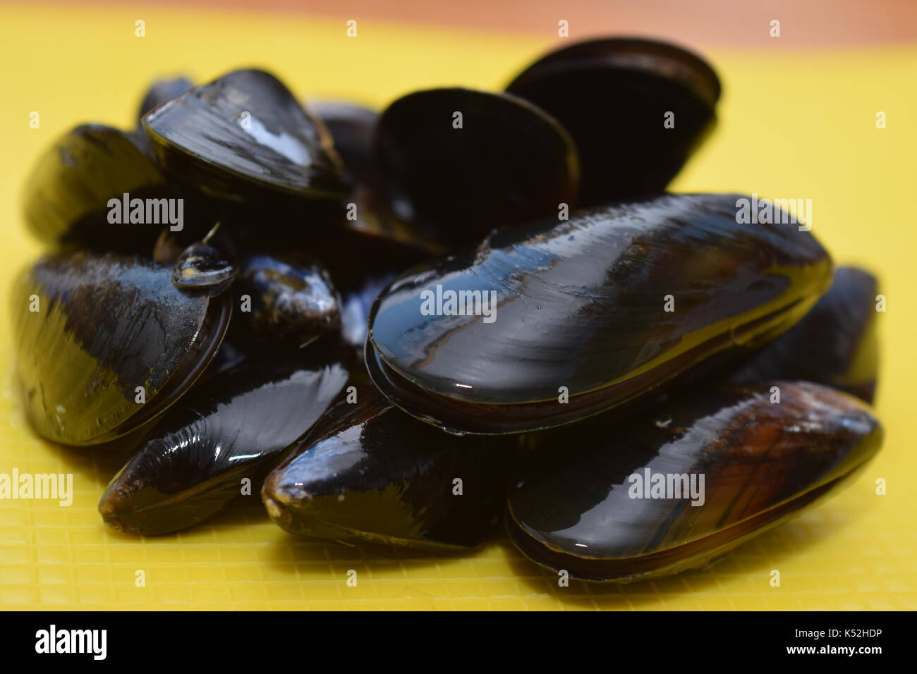 French mussels on a yellow surface Stock Photo - Alamy
