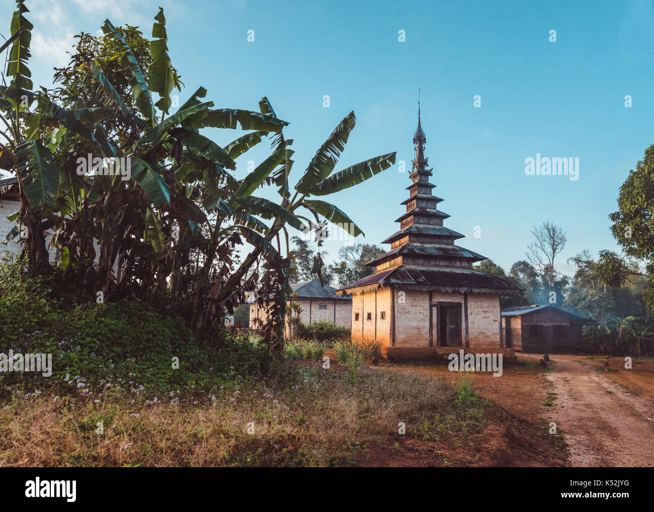 Buildings at a remote monastery in the mountain of Shan State, Myanmar ...