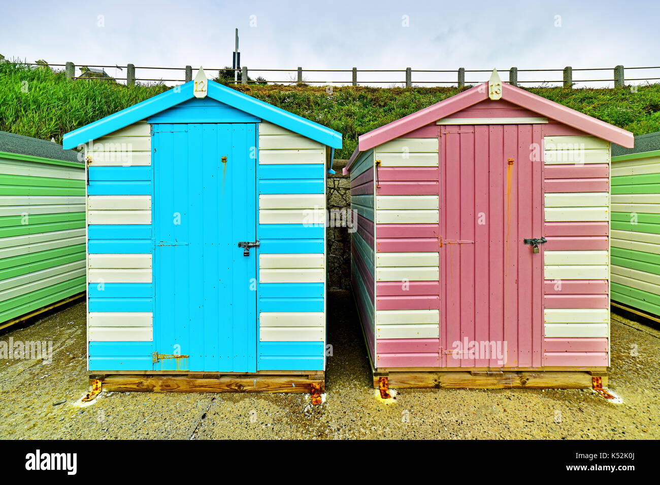 Falmouth Cornwall beach road beach huts Stock Photo - Alamy