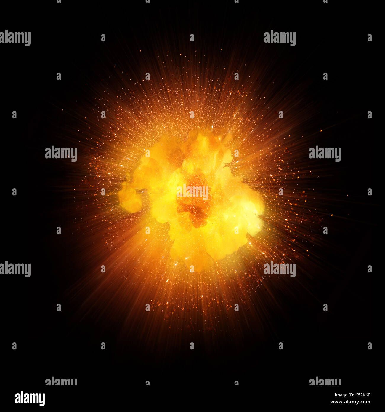 Realistic fiery explosion, orange color with sparks isolated on black ...