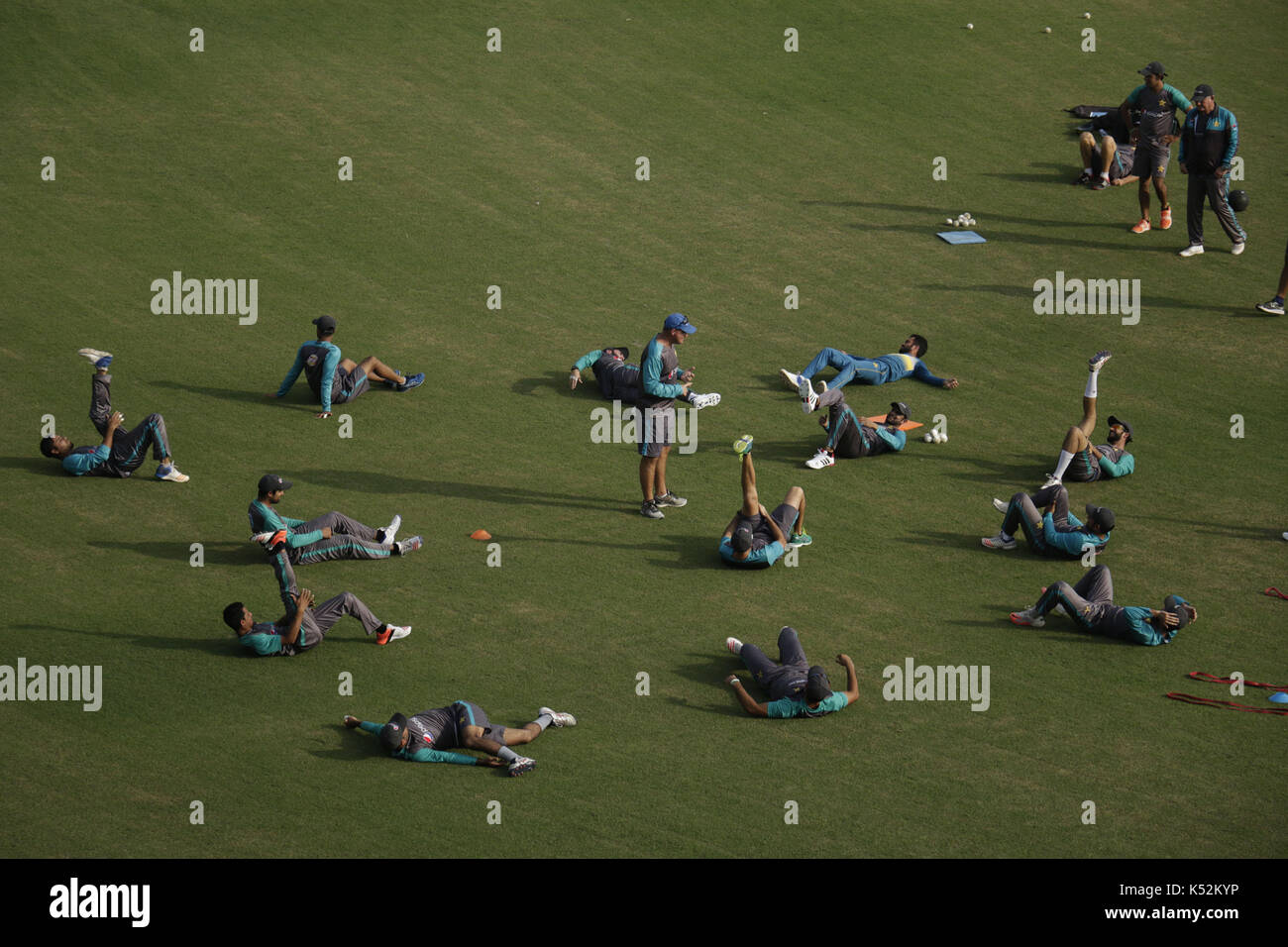 Lahore, Pakistan. 07th Sep, 2017. Pakistani cricketers take part in a ...