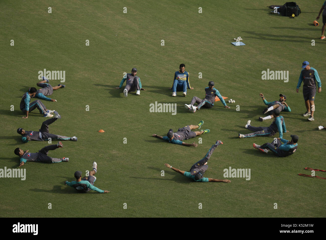 Lahore, Pakistan. 07th Sep, 2017. Pakistani cricketers take part in a ...