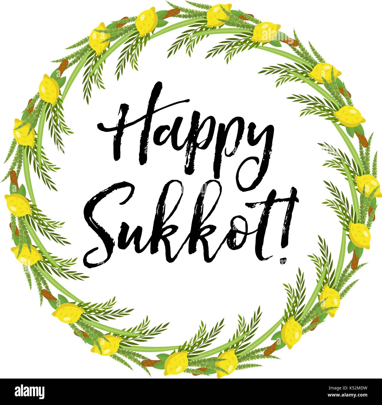 Happy Sukkot round frame of herbs. Jewish holiday huts template for ...