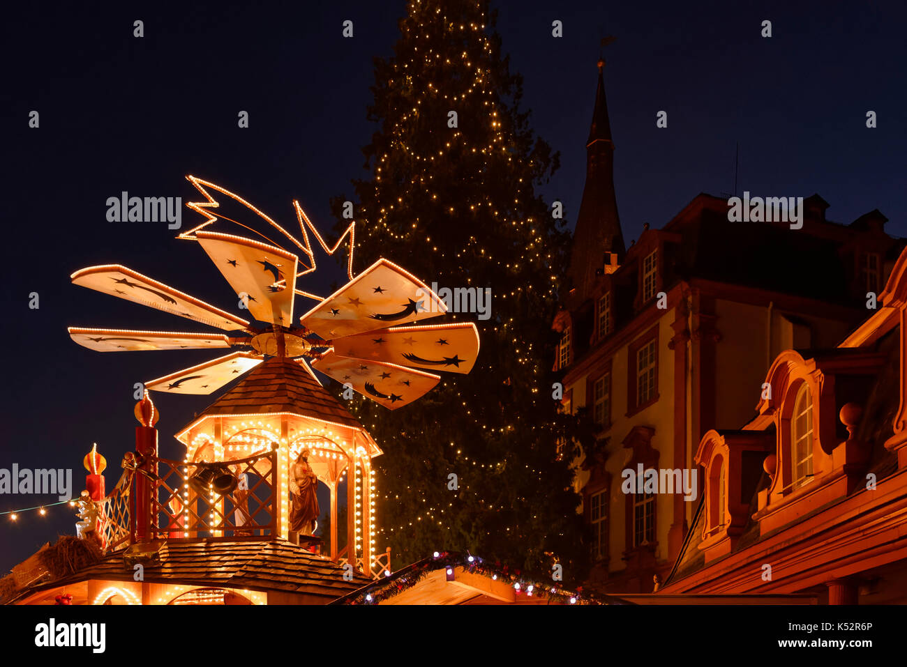 Christmas pyramid and christmas tree on the christmas fair in Erbach in ...