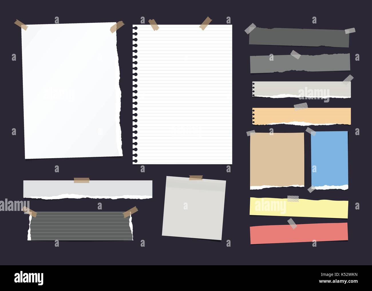 Torn ruled note, notebook, copybook paper strips, sheets stuck with ...
