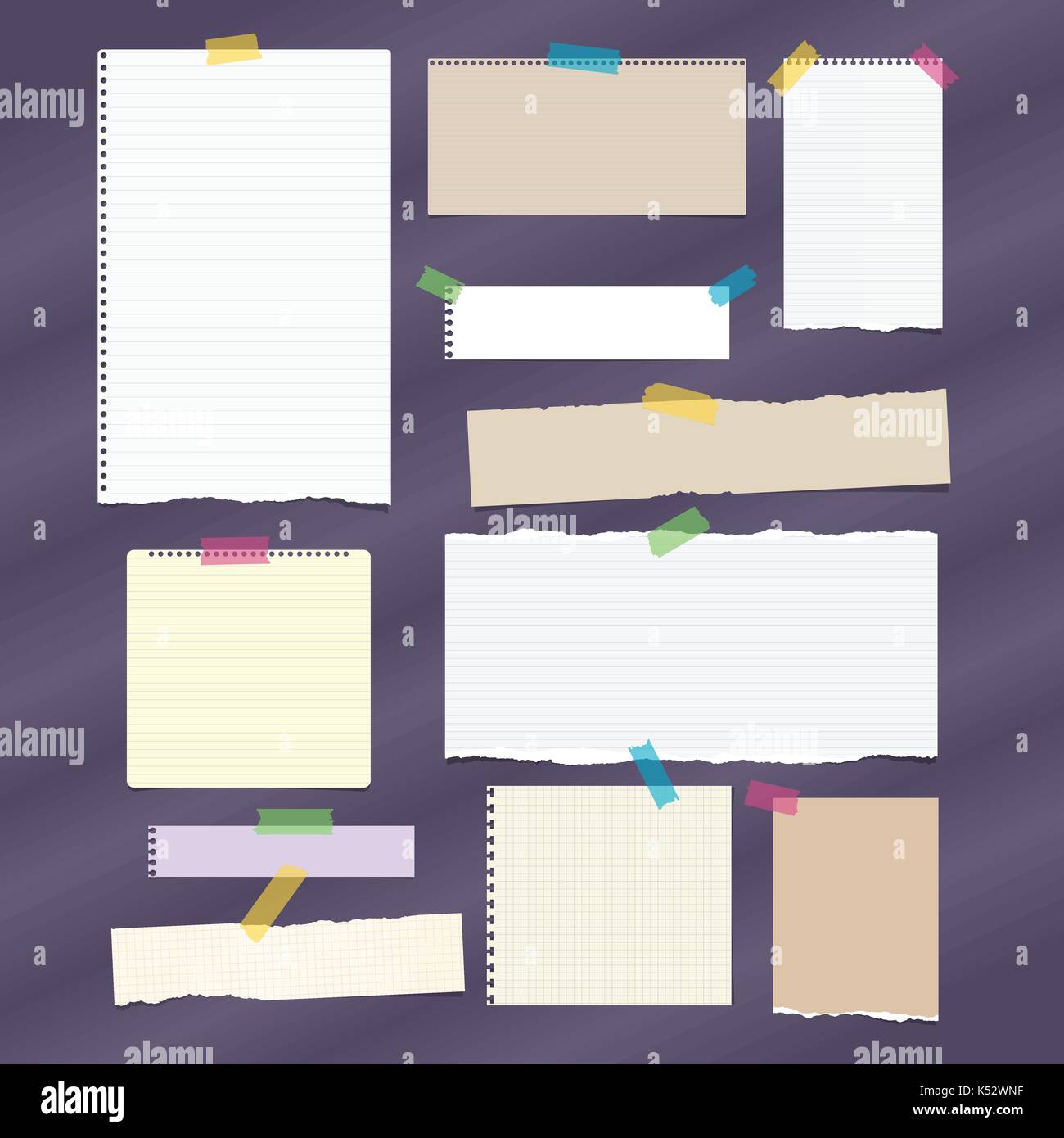 Torn ruled note, notebook, copybook paper strips, sheets stuck with ...