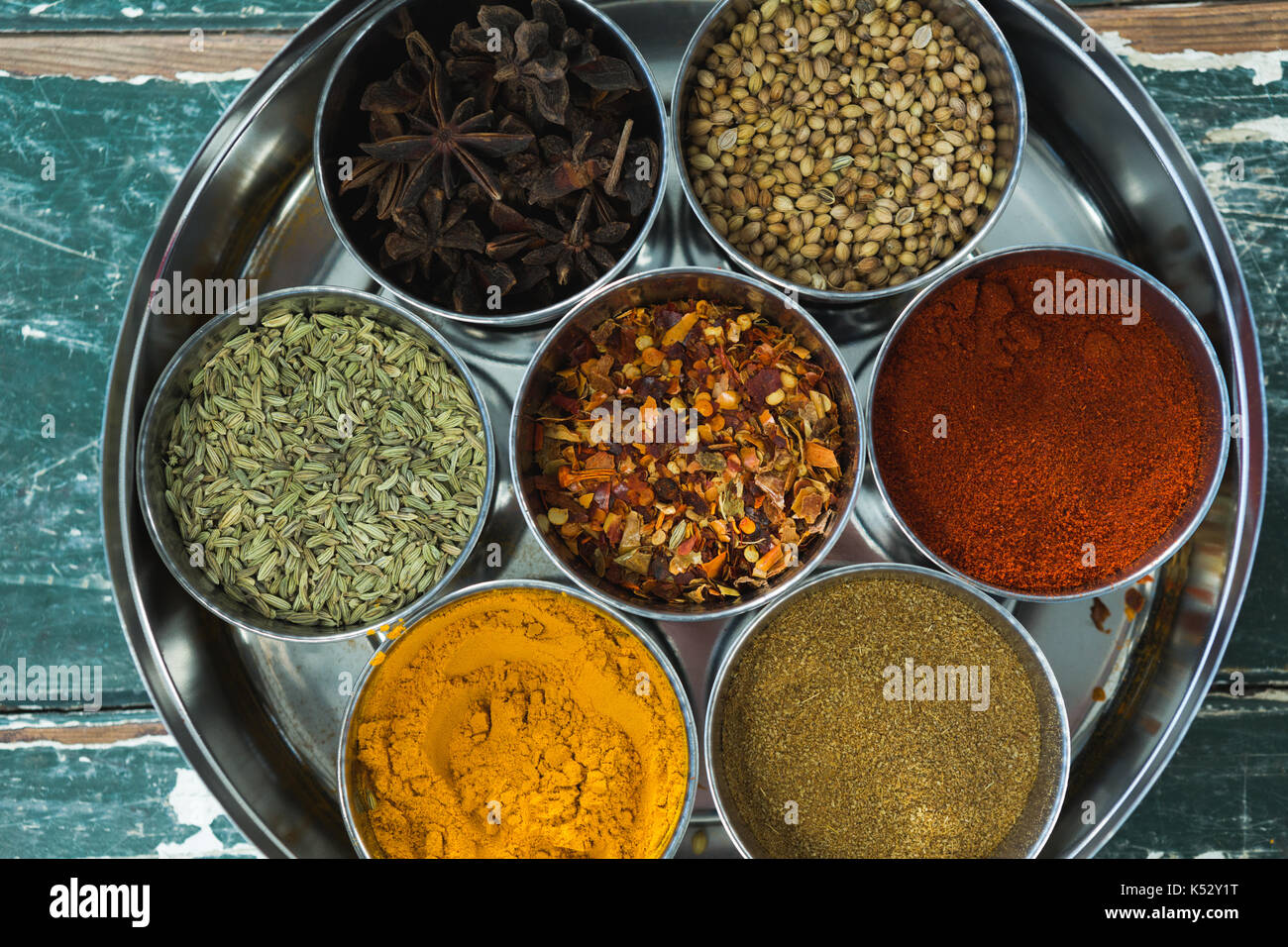 Overhead of typical spice box with multiple containers Stock Photo - Alamy