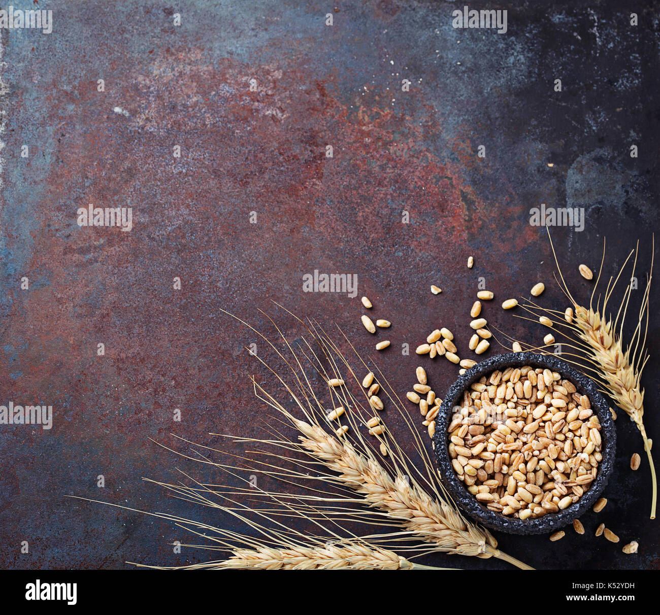 Wheat grains and spikelets on rusty background. Top view, space for ...