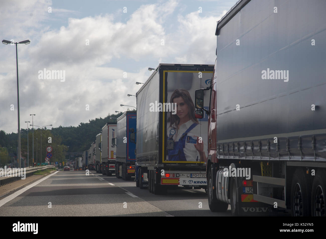 Line of trucks on German Polish border on Bundesautobahn 12 in ...