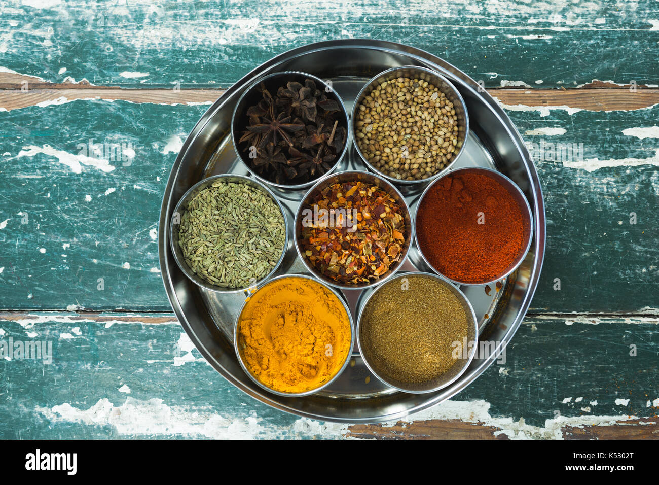 Overhead of typical spice box with multiple containers Stock Photo - Alamy