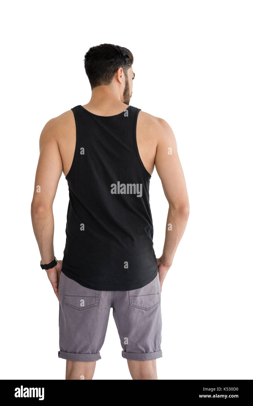 Rear view of man standing against white background Stock Photo - Alamy