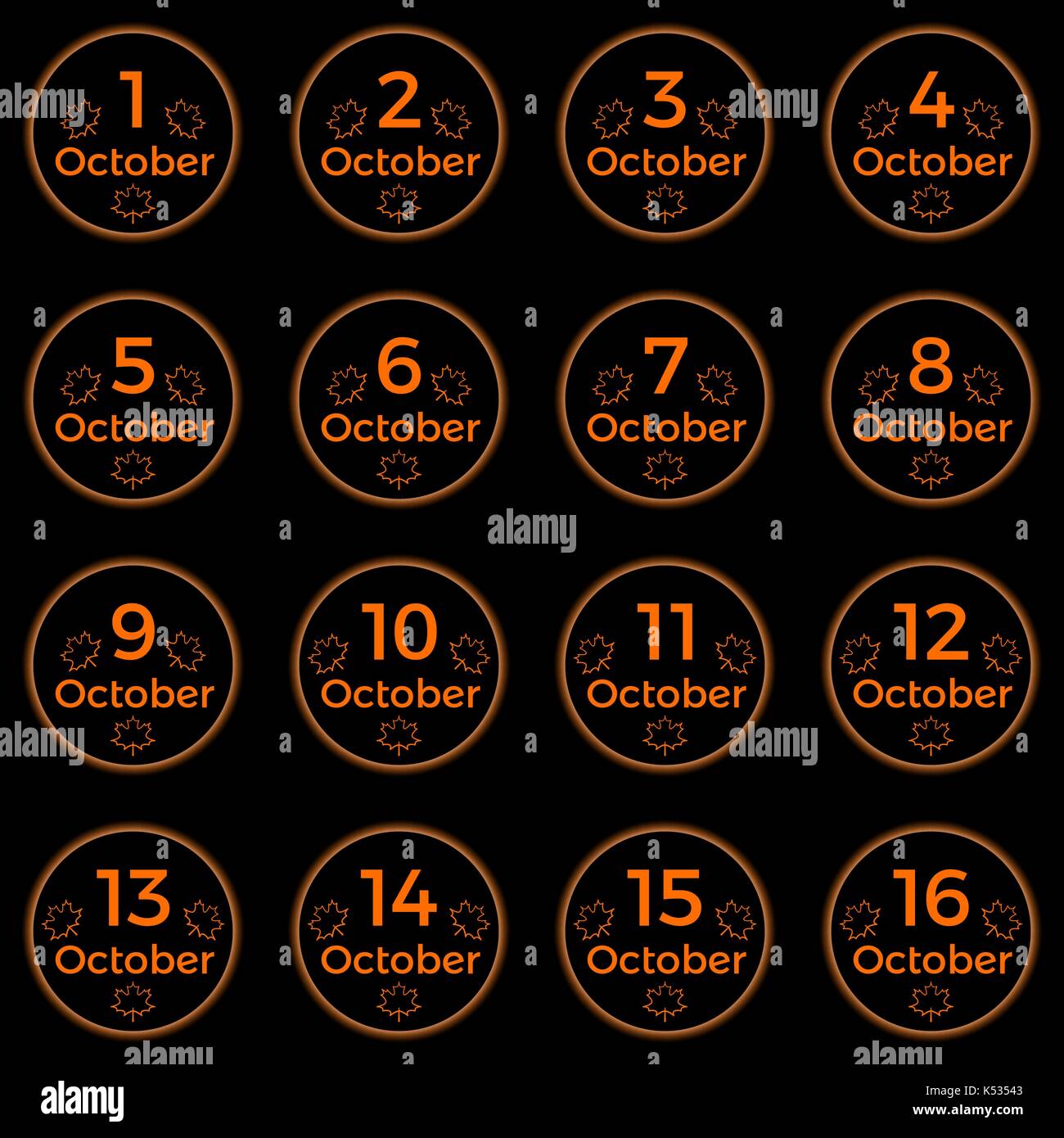 October date, date collection of october in orange color, black button ...