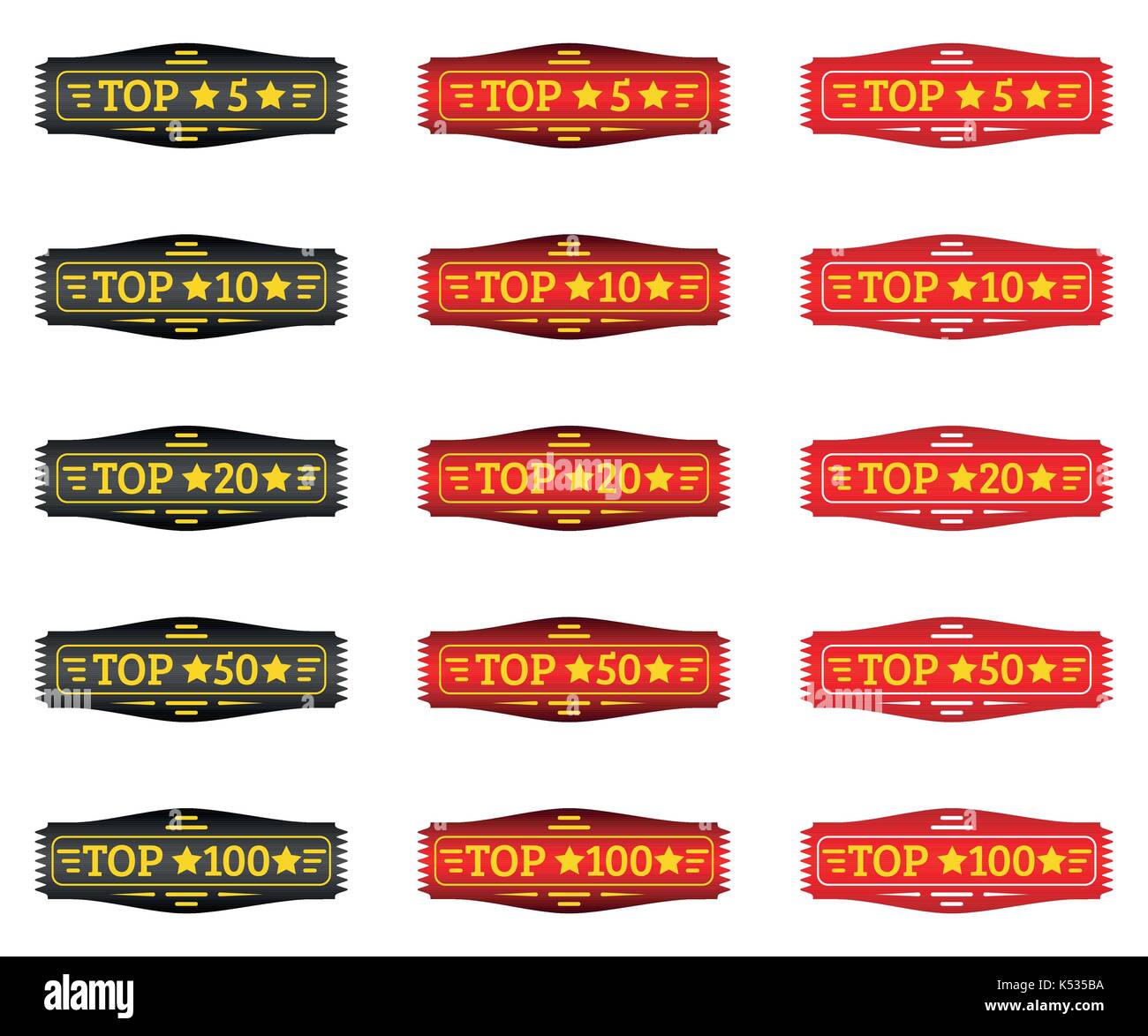 Top 5, top 10, top 20, top 50, top 100. Set of badge with black and red ...